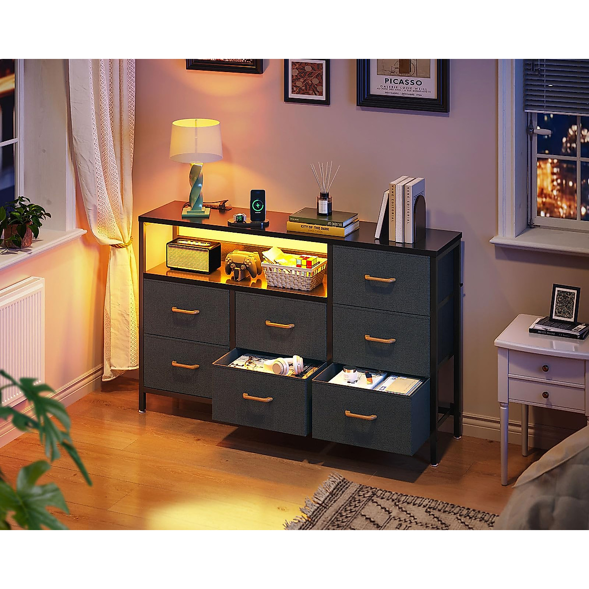 AODK Dresser with LED Lights and Charging Station, 52-Inch Long Dresser for Bedoom with 7 Large Storage Drawers, Fabric Dresser TV Stand with Open Shelves, Dark Grey