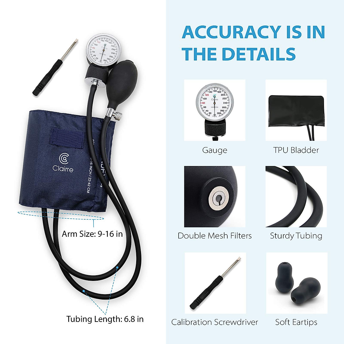 Clairre Professional Sphygmomanometer Manual Blood Pressure Cuff and Stethoscope Kit for Nurses/Doctors/Nursing Students, Carrying Case Included, Universal Cuff Size: 9-16 inch (Navy Blue)