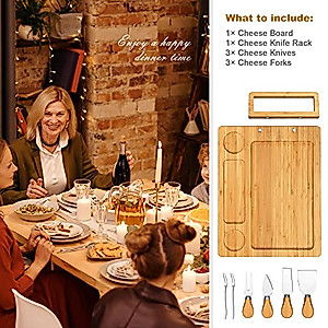 Xergur Bamboo Cheese Board Set - Charcuterie Boards and Serving Meat Platter, Cheese Tray with 4 Stainless Steel Cheese Knives Cutting Board Platter, Ideal for Halloween, Wedding, Christmas Gifts