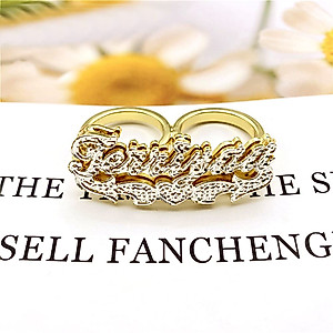 HAOQINA Double Plated 2 Finger Name Rings Custom 2 Tone Nameplate Unisex 3D Name Rings Birthday Wedding Engagement Gifts
