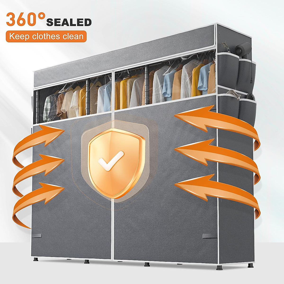 Raybee Garment Rack Cover Only, Fabric Clothing Rack Cover with Zipper, Clothes Rack Cover with PVC Clear Window & 8 Side Storage Pockets, Garment Rack Cover Only 76.7" W X 75.1" H X 17.9" D(Large)