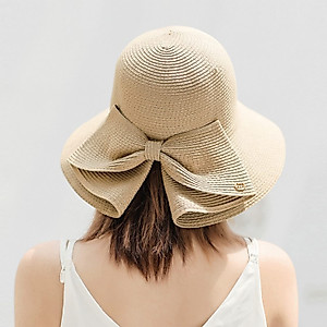 Womens Wide Brim Slit Sun Hat Bow Knot Summer Straw Sun Hats for Women (Beige)
