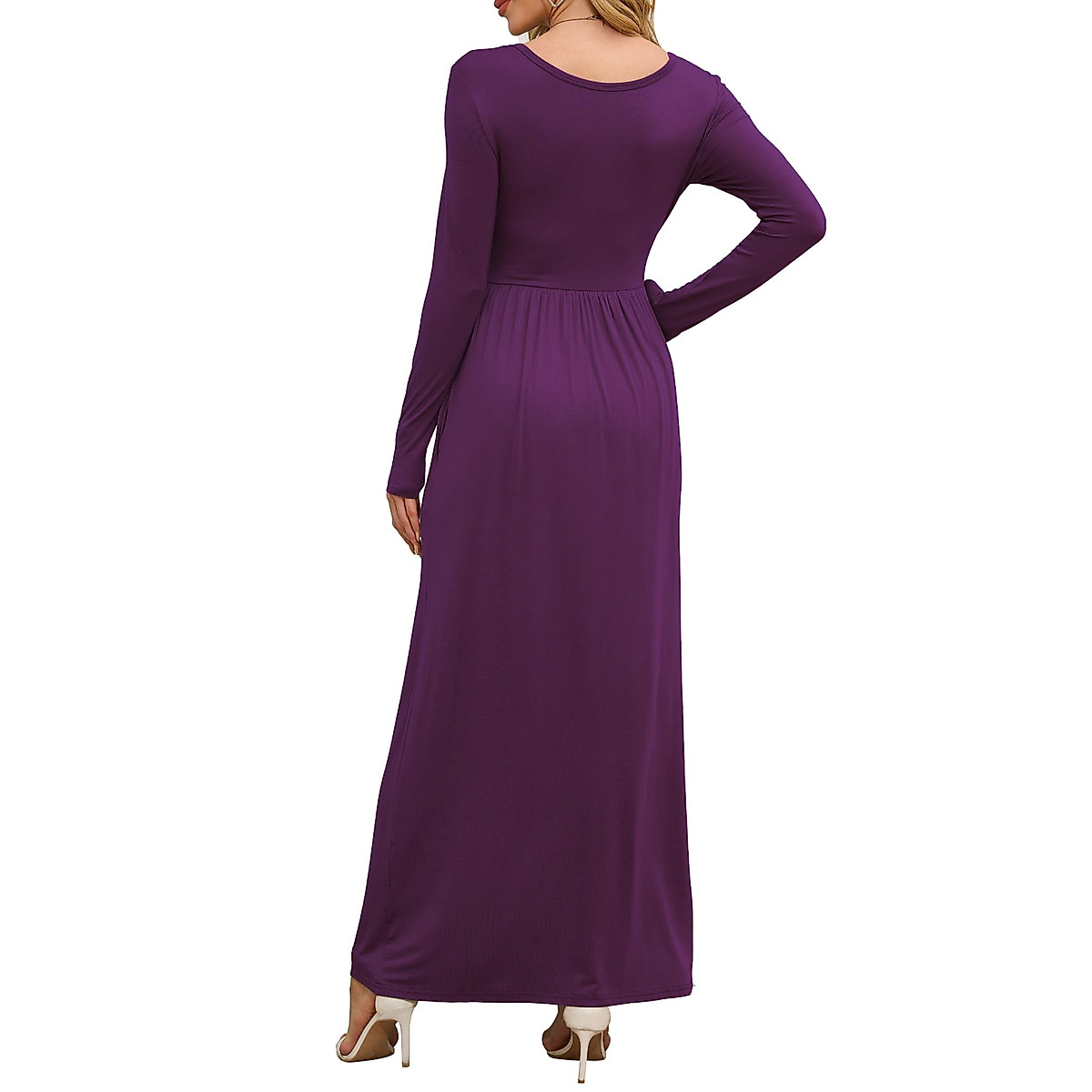 DEARCASE Maxi Dress for Women Purple Small Crewneck Long Sleeves Wedding Guest A-line Plain Casual Empire Waist Flowy Party Vintage Spring Fall Winter Floor Dresses with Pocket