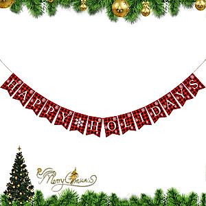 Plaid Happy Holidays Banner Burlap Christmas Rustic Bunting Banner for Christmas Hanging Decorations