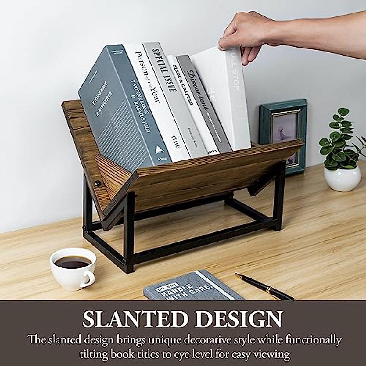 MyGift Rustic Burnt Solid Wood and Industrial Matte Black Metal Tilted Book Display Rack Shelf, Desktop Storage Organizer Bookshelf, Decorative Standing Bookcase