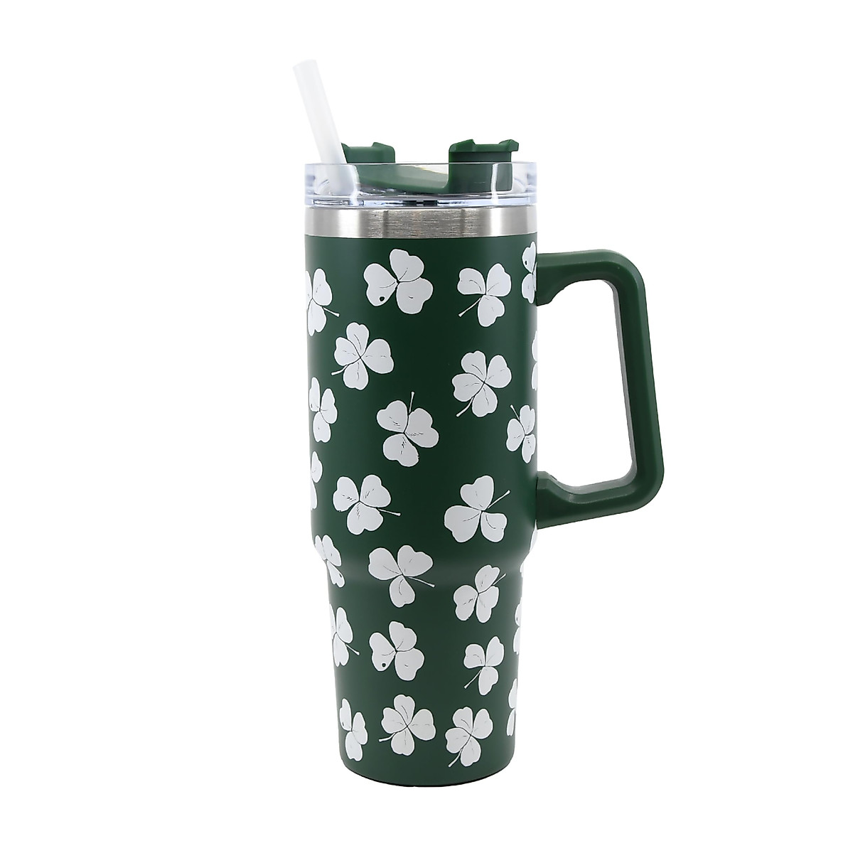 Envie 30 oz St Patrick Day Tumbler Mug with White Shamrocks, Reusable Insulated Mug with Handle, Lid and Straw, Stainless Steel Tumbler for Iced & Hot Beverages