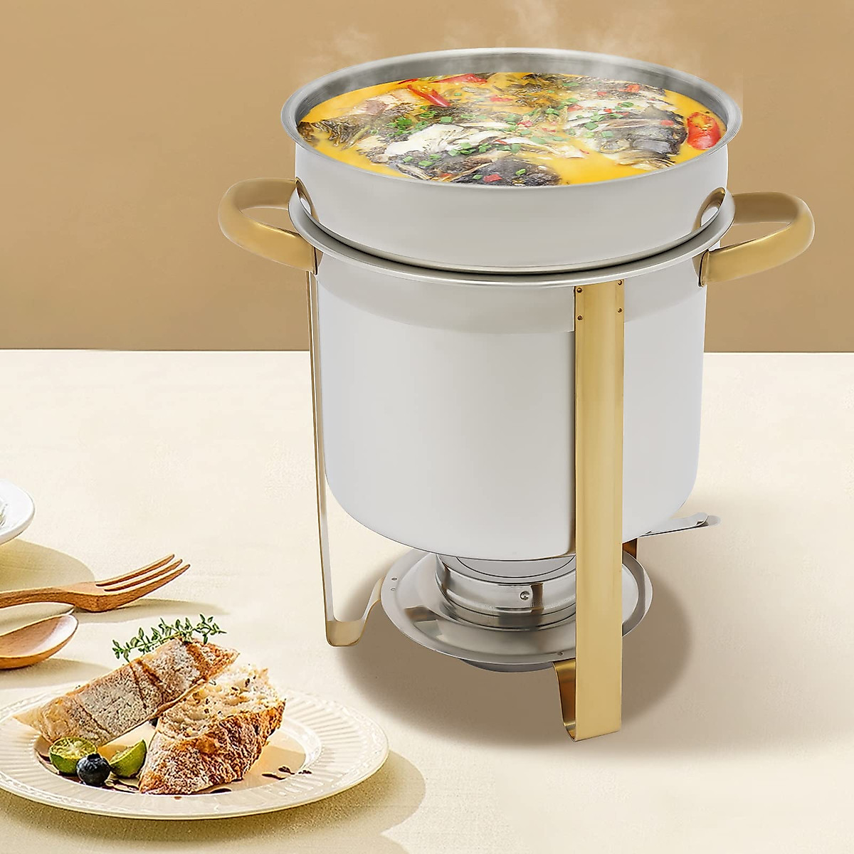 7L/7.4Qt Commercial Soup Kettle Warmer, Stainless Steel with Dish Buffet Server Food Warmer Chafing with Lid for Soup (Gold)