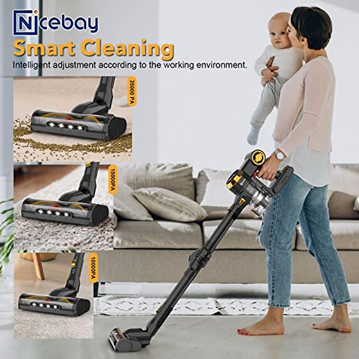 Nicebay Cordless Vacuum Cleaner, 25kPa Suction Brushless Motor Cordless Stick Vacuum,Digital Touchscreen&Smart Induction Auto-Adjustment, 4 in 1 Lightweight Vacuum for Hardwood Floor Hair