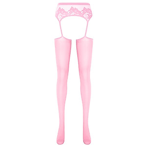 MSemis Women's Oil Silk Sheer Pantyhose Hollow Out Suspender Legging Tights Thigh High Stockings Hosiery Pink Garter One Size