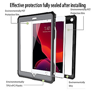 FXXXLTF iPad Case, Waterproof Full Body Cover for iPad 10.2 inch 2021 (Black), Compatible with 7th/8th/9th Gen, Protective with Pencil Holder, Anti-Scratch, Shockproof, IP68