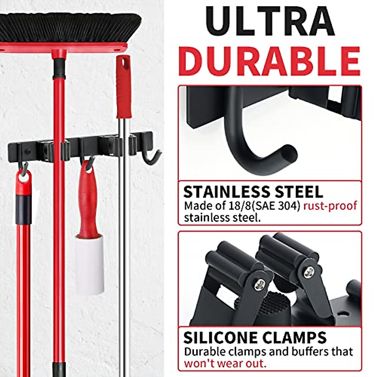 DunGu 2 Pack Broom Holder Wall Mounted Heavy Duty for Outside Mop Gripper Broom Bracket Mop Rack Holds Garden Tools,Broom Holder, Mop Hanger, broom Wall Holder,Shovels,Rakes,Brooms