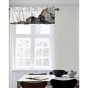 Yun Nist Window Valance Curtain Marble Black Gray White Color Contrast Gold Edge Valances for Kitchen Windows,Modern Abstract Rod Pocket Short Curtains for Bedroom,Bathroom,Living Room 42x12in