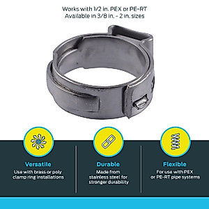 SharkBite 1/2 Inch Clamp Ring, Pack of 10, Stainless Steel Plumbing Fitting, PEX Pipe, PE-RT, UC953A