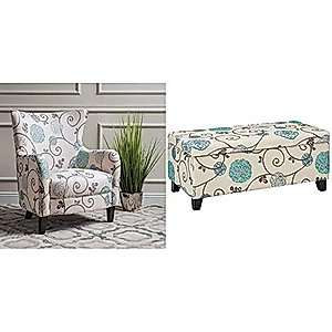 Christopher Knight Home Arabella Fabric Club Chair, White and Blue Floral & Knight Home Breanna Fabric Storage Ottoman, White and Blue Floral