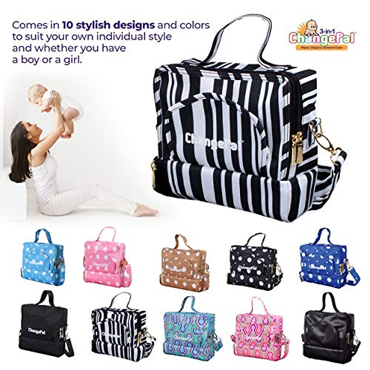 ChangePal Small Crossbody Diaper Changing Bag with Waterproof Portable Changing Pad and Refillable Wipes Pouch