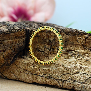 AFFY Round Cut Simulated Green Emerald Eternity Band Ring in 14K Gold Over Sterling Silver