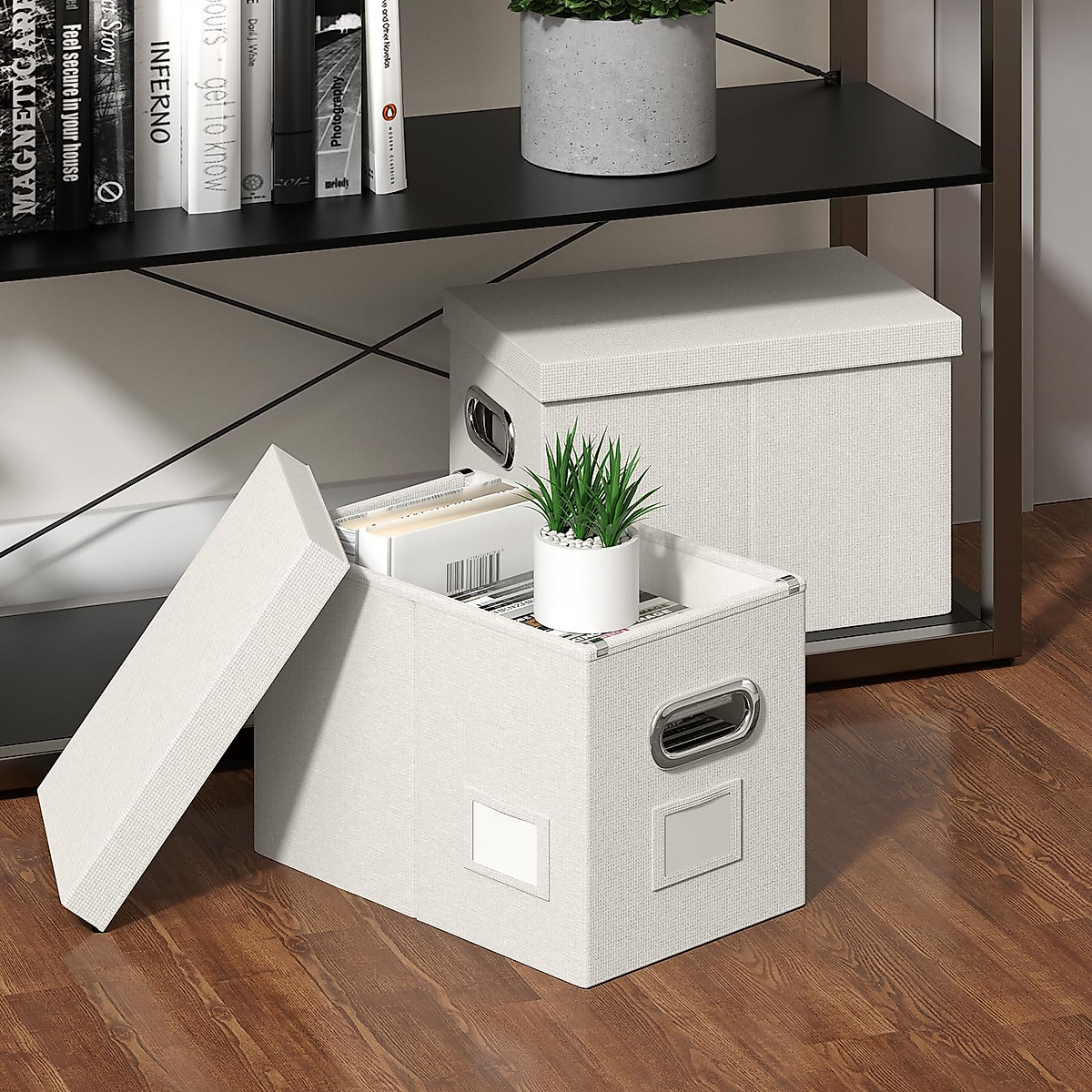 DYWMM Hanging File Box with Lid, Set of 2 Filing Organizer Storage Box, Linen Collapsible Decorative Office/Home File Cabinet (14x9.3x10.9 inch) (Off White)