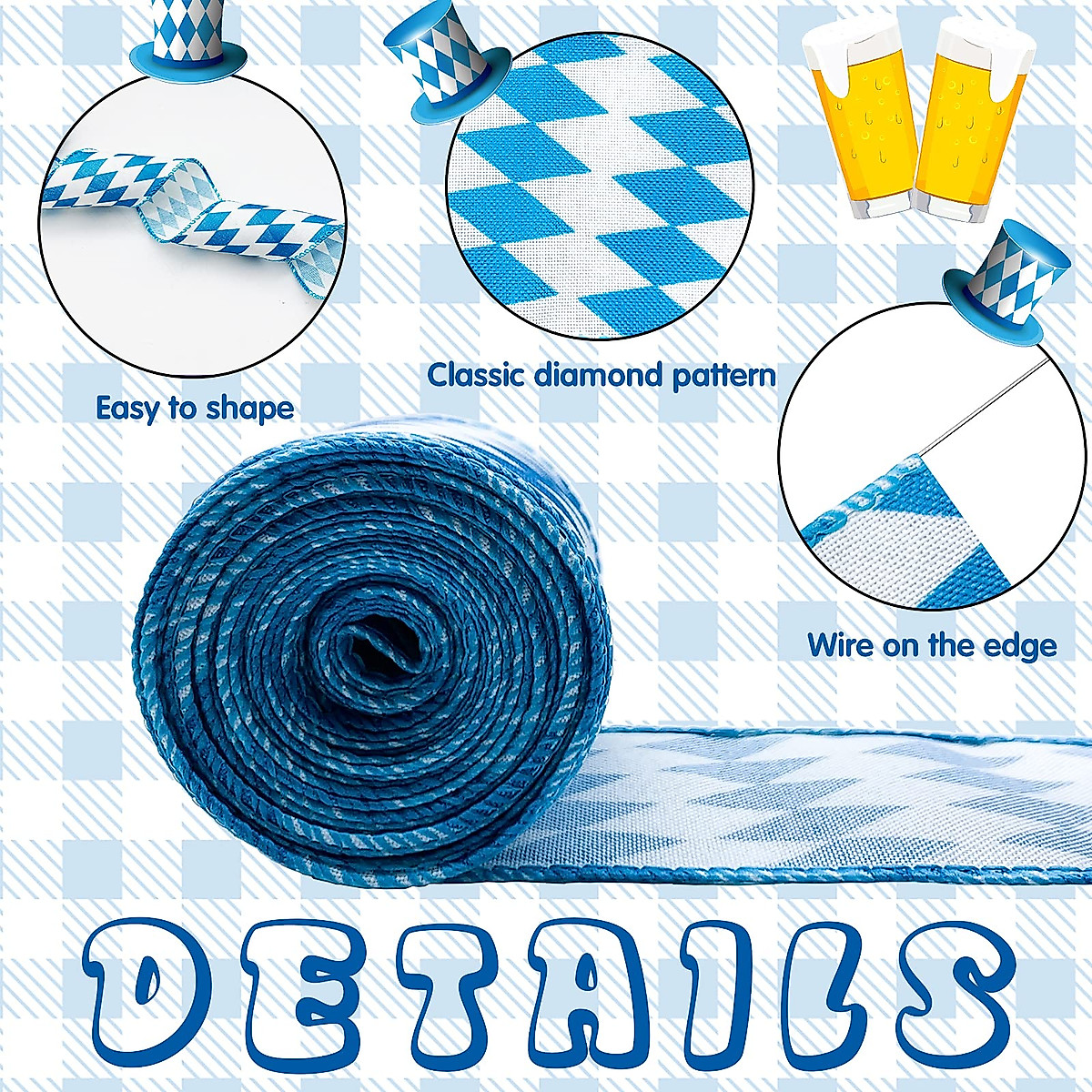 Wehhbtye 20 Yard Oktoberfest Wired Edge Ribbon - 2.5Inch Blue and White Diamond Check Wired Edge Ribbon Oktoberfest Bavarian Gingham Decorative Ribbon for DIY Craft Wrapping Bow Home Party Decor