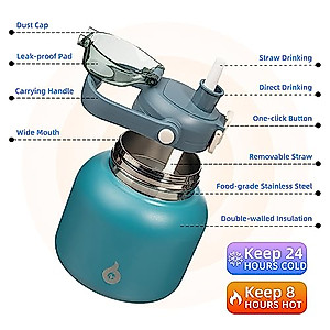 BJPKPK Insulated Water Bottles with Straw, 20 oz Cute Water Bottles with Handle, BPA Free Stainless Steel Metal Thermos, Easy Carry Thermos for Men & Women, Light Blue