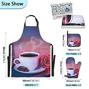 5Pcs Morning Coffee Oven Mitts and Pot Holders, Eiffel Tower Red Rose Long Kitchen Apron and Accessories Set Kitchen Linen Sets Potholders Oven Gloves for Women Men Baking Cooking BBQ