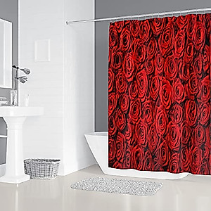 Seacoi Rose Flower Shower Curtain Set with Rugs, 4 Pcs Romantic Floral Bathroom Decor Set for Girls Women, Valentine's Day Complete Bath Room Curtain Set with Matching Mat & Accessories (Red 2)