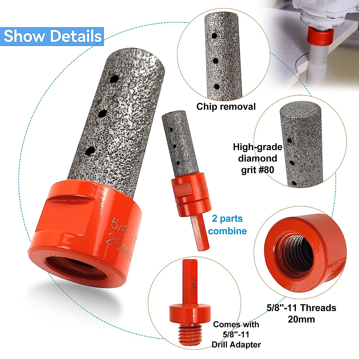 3PCS Diamond Beveling Chamfer Bits Set, Diamond Drill Bits for Ceramic with 5/8"-11 Drill Adapter, Tile Drill Cone Grinder Bit for Existing Holes Enlarging, Trimming, Orange
