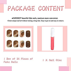 IMSOHOT Short Press on Nails Square Acrylic Fake Nails with Nail Glue Glossy Squoval False Nails Ombre Brown Nails for Women 24Pcs