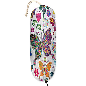 Colorful Butterfly Plastic Bag Holder, Butterflies Flower Grocery Bag Storage Holder Garbage Shopping Bag Trash Bags Organizer for Kitchen Home