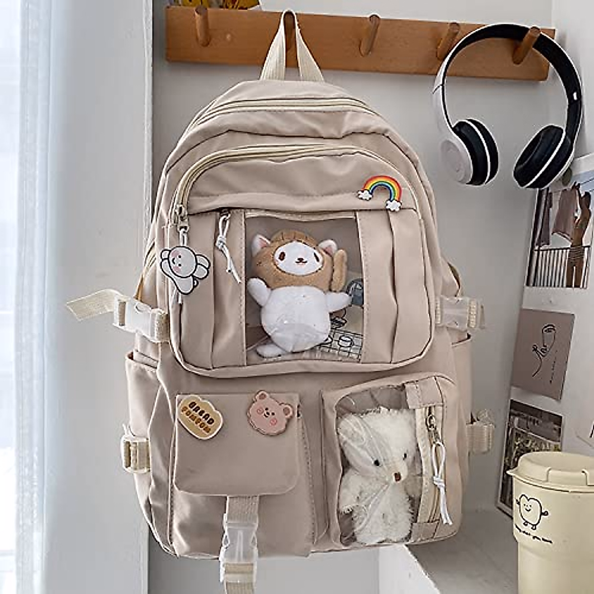 Bersauji Kawaii Backpack with Badge Pins Cute Animal Keychain Aesthetic Backpack for Girls Large Capacity School Backpack