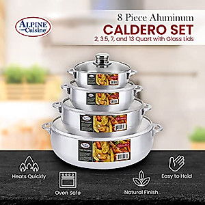 Alpine Cuisine 8 Piece Set Aluminum Caldero Stock Pot with Glass Lid, Commercial Grade Cooking Dutch Oven