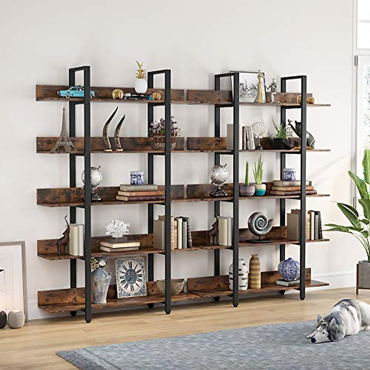 Tribesigns 5 Tiers Bookcase, 5-Shelf Industrial Style Etagere Bookcases and Book Shelves, Metal and Wood Free Vintage Bookshelf with Back Fence, Rustic Brown