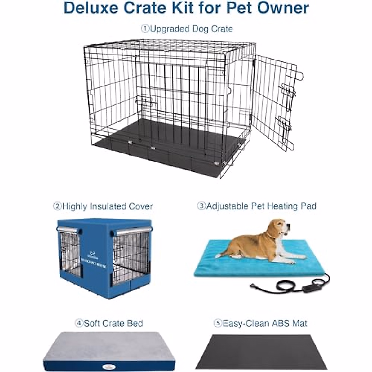 Heated Dog House for Outdoor, Dog Crate Kit for Small Medium Intermediate Dogs, 2 Doors Heavy-Duty Dog Kennel Value Pack with Insulated Crate Cover & Bed & Adjustable Pet Heating Pad (36 Inch Kit)