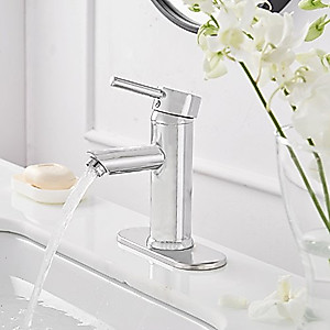 Greenspring Bathroom Sink Faucet Chrome Commercial Single Handle One Hole Deck Mount Brass Lavatory Faucet with Cover Plate, Pop Up Drain with Overflow Included