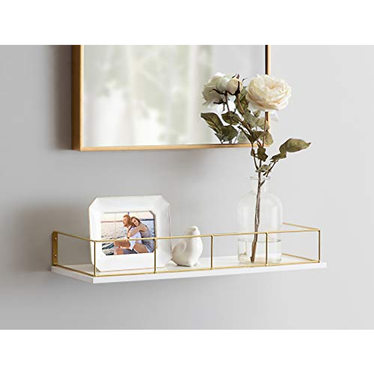 Kate and Laurel Benbrook Wood Shelf, 24" x 8", White and Gold, Modern Glam Storage Shelf