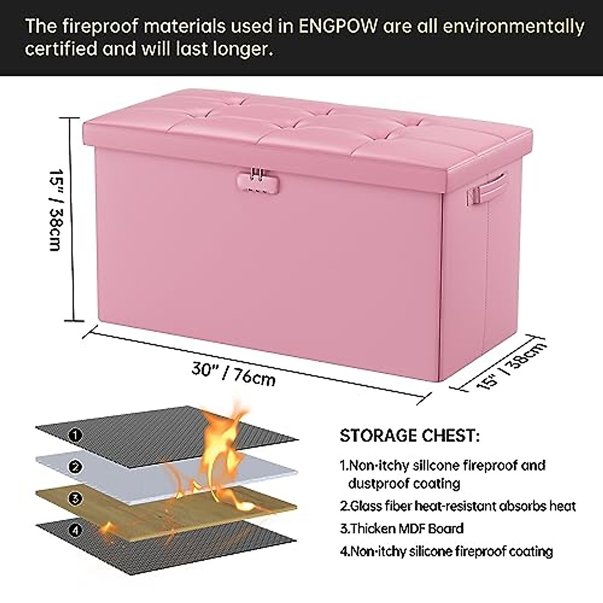ENGPOW Storage Ottoman Bench,Fireproof Folding Storage Bench with Lock,30 Inches Fire＆Water Resistant Storage Chest Foot Rest Stool Leather Bedroom Bench with Storage Safe for Document,Valuables,Pink