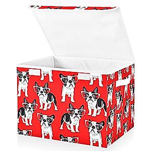 innewgogo Cartoon French Bulldog Storage Bins with Lids for Organizing Closet Organizers with Handles Oxford Cloth Storage Cube Box for Room