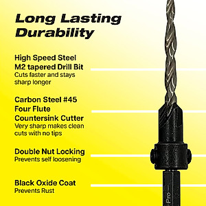 JNB Pro Wood Countersink Drill Bit Set & Wood Plug Cutters-2 Pc Adjustable Countersink Bit #8(7/64") #12(7/32") and 2 Wood Plug Cutters Dowel Cutter 3/8" & 1/2" Diameter-1 Hex Wrench-1/4" Quick Change