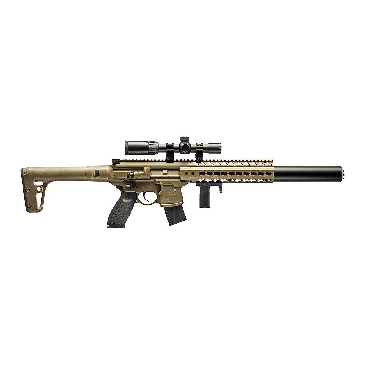 SIG Sauer MCX .177 Cal CO2 Powered Advanced Air Rifle with CO2 90 Gram (2 Pack) and 500 Lead Pellets Bundle (FDE, 1-4x24 Scope)