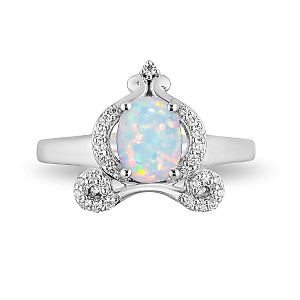 Jewelili Enchanted Disney Fine Jewelry Sterling Silver 1/6cttw and Lab Created Opal Cinderella Carriage Ring