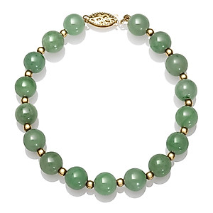 14k Gold Natural Green Jade Bead Bracelet, 7.5"