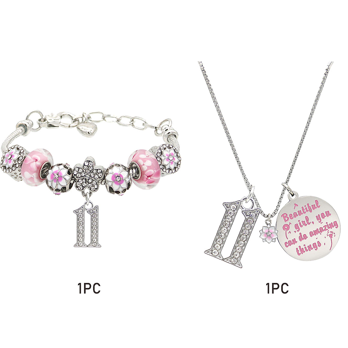 VeryMerryMakering 11th Birthday Gifts for Girls, Jewelry for Girls 11 Years Old, Girls 11th Birthday Bracelet, 11 Necklace Girls, 11th Birthday Jewelry, 11th Birthday Cherry Blossom Dandelion Jewelry