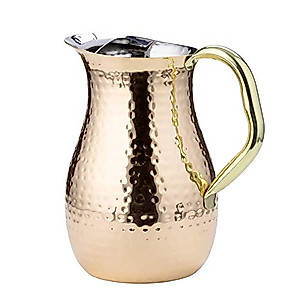 Old Dutch Copper Plated Hammered Water Pitcher with Brass Ice Guard Handle, 2.25-Quart