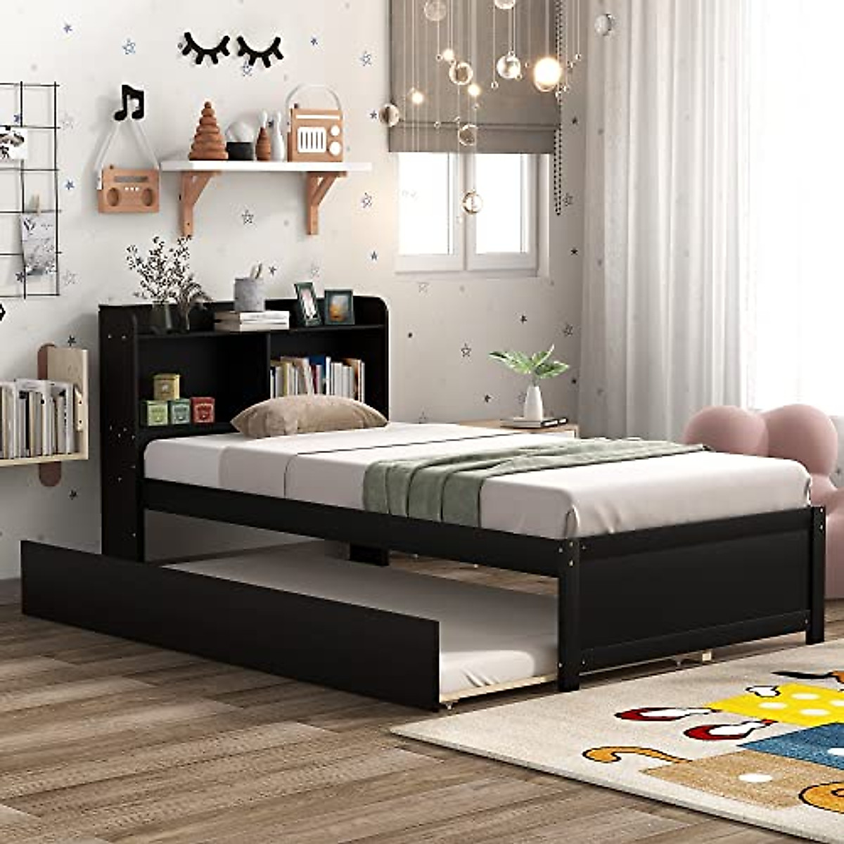 ERDAYE Twin Size Platform Bed Sets with Pull Out Trundle & Bookcase, Solid Wood Bedframe with Storage Shelves for Boys and Girls Bedroom Furniture Daybed, Space Saving Design, Espresso