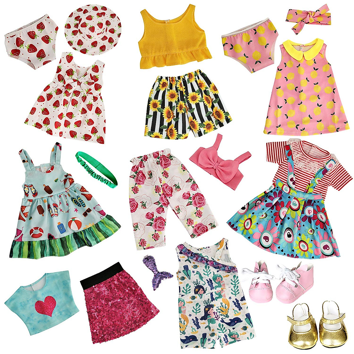 HOAKWA American Doll Clothes and Accessories for 18 Inch Doll, 18" Doll Clothes Dress, Total 19 Pcs Including 8 Sets of Clothing Outfits with Shoes, Underwear, Headband, and Cap (Not Include The Doll)