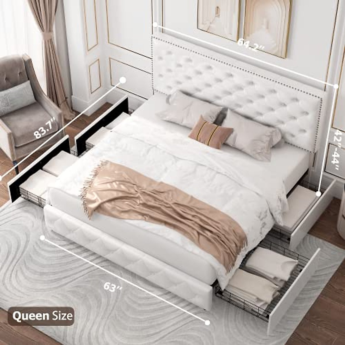 Queen Bed Frame with Storage and Adjustable Headboard, Bed Frame with 4 Drawers and Wooden Slats Support, No Box Spring Needed (PU White, Queen (U.S. Standard))