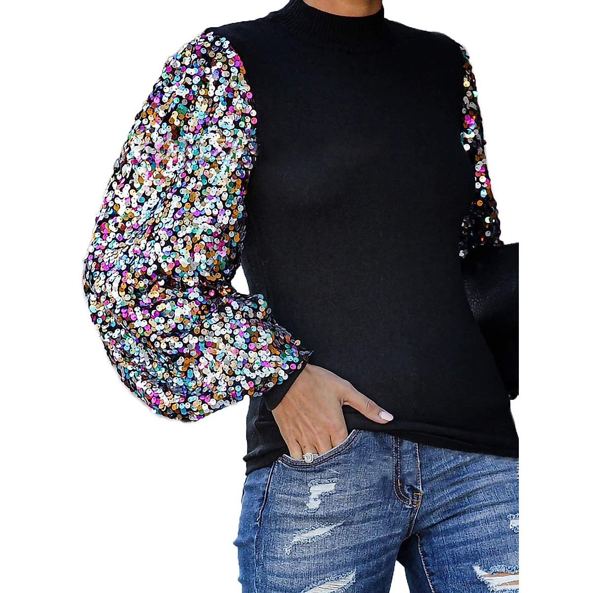 Anna-Kaci Women's Confetti Sequin Balloon Long Sleeve Mock Neck Pullover Sweatshirt (Black, Large)