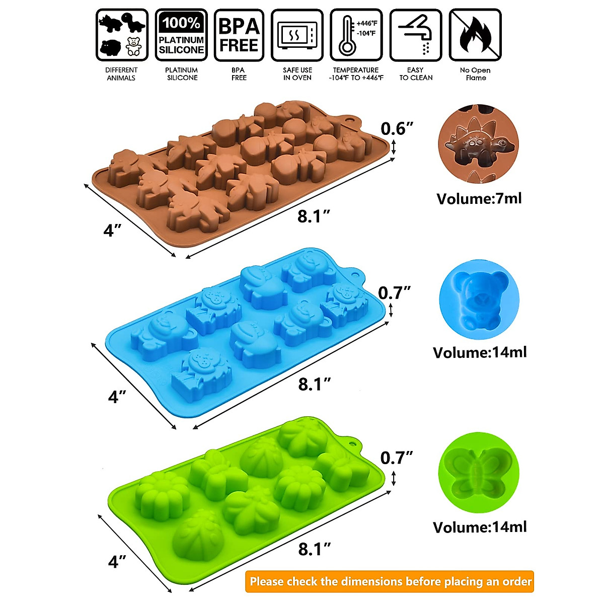 Candy Chocolate Molds Silicone, Non-stick Animal Jello Molds, Crayon Mold, Silicone Baking Mold - BPA Free, Forest Theme with Different Animals, including Dinosaurs, Bear, Lion and Butterfly, Set of 6
