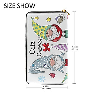 Colorful Cartoon Cute Gnomes Seamless On White Leather Long Wallet Organizer with Zipper Purse Clutch Bag for Women Men