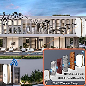 Wireless Doorbell, 1,000ft Range Loud Enough with 5Volume Levels and Mute Mode Door Chimes LED Flashing