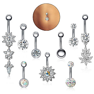 JDXN 6-8PCS 14G Stainless Steel Belly Button Rings CZ Pineapple Dangling Dangle Navel Ring Body Piercing (9PCS/SET Silver)